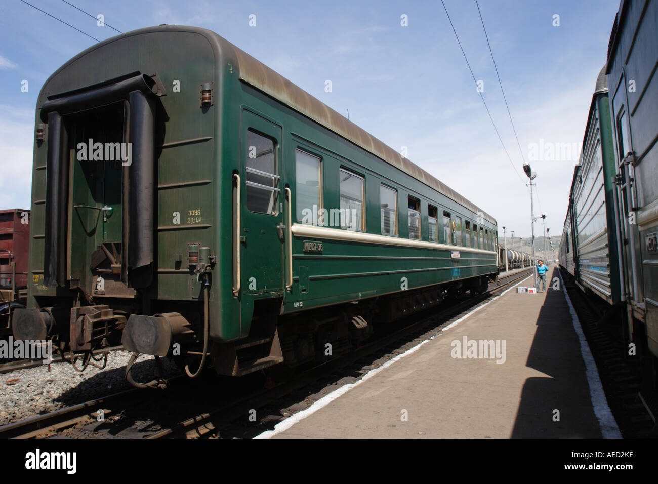 Trans-Mongolian train carriages wait for a diesel engine at the Russian ...
