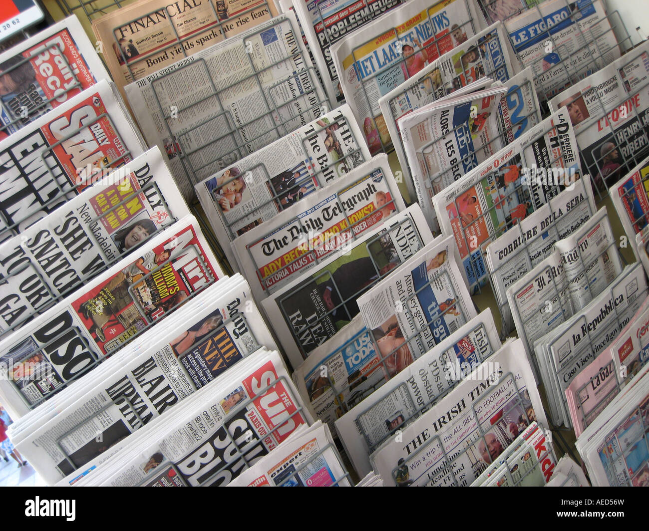 shop display with international newspapers at Spanish stationary shop ...
