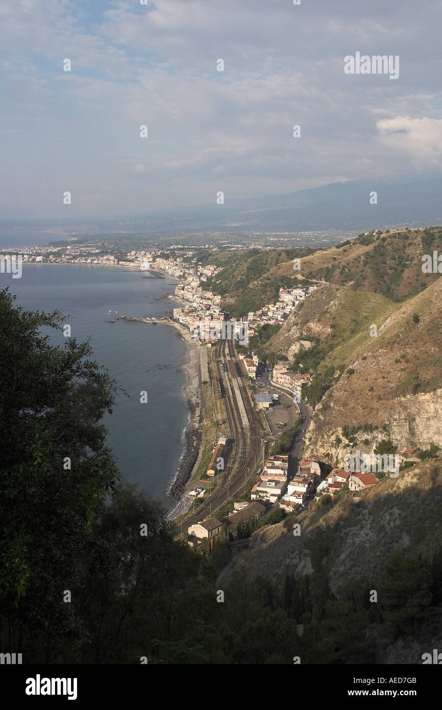 Taormina station and Giardini Naxos from the municipal gardens Taormina ...