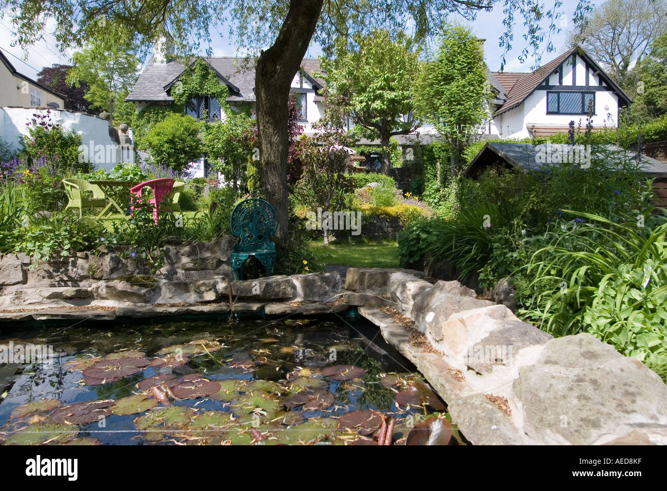 Cottage and Garden with Pond Pentyrch Cardiff Suburbs South Wales Stock ...