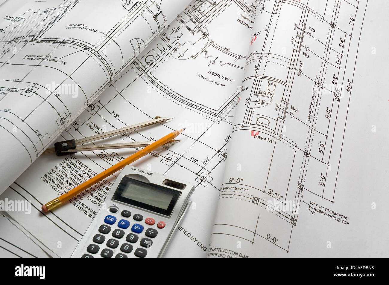 Architectural house plan drawings and tools Stock Photo - Alamy