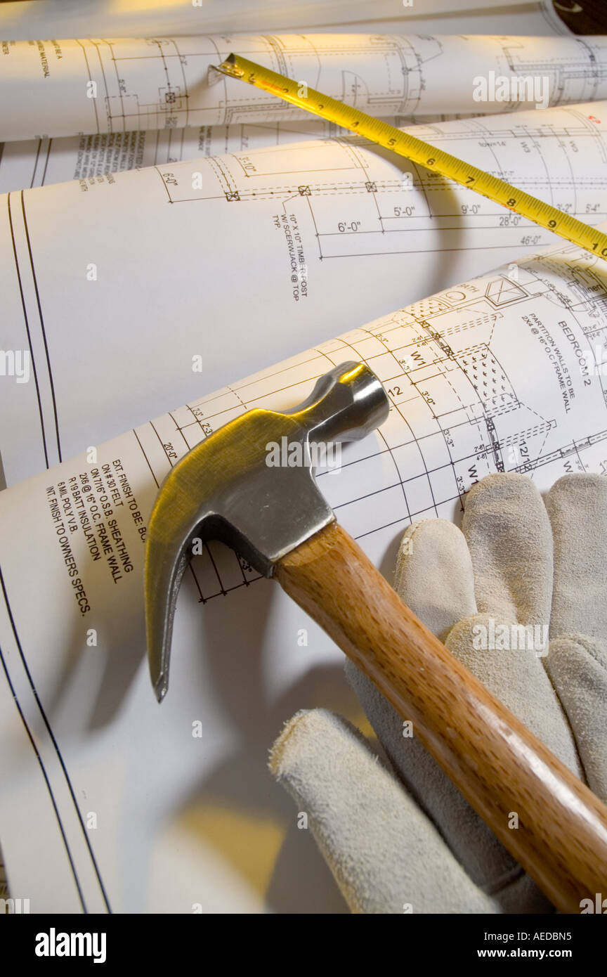 Architectural house plan drawings and tools Stock Photo - Alamy