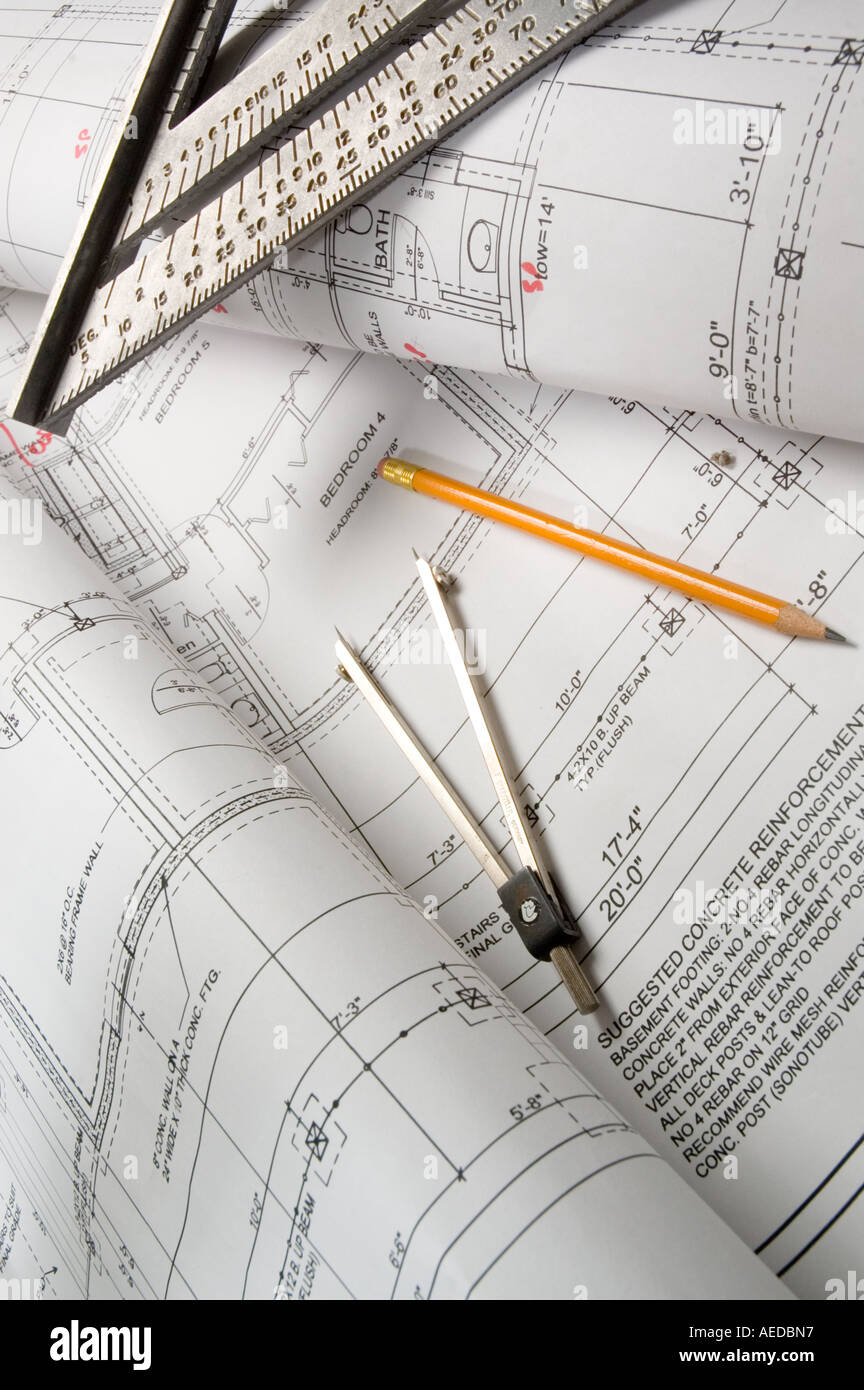 Architectural house plan drawings and tools Stock Photo - Alamy