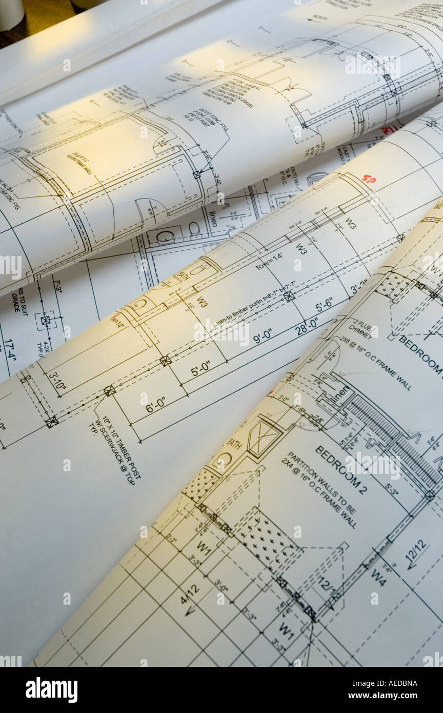 Architectural house plan drawings and tools Stock Photo - Alamy