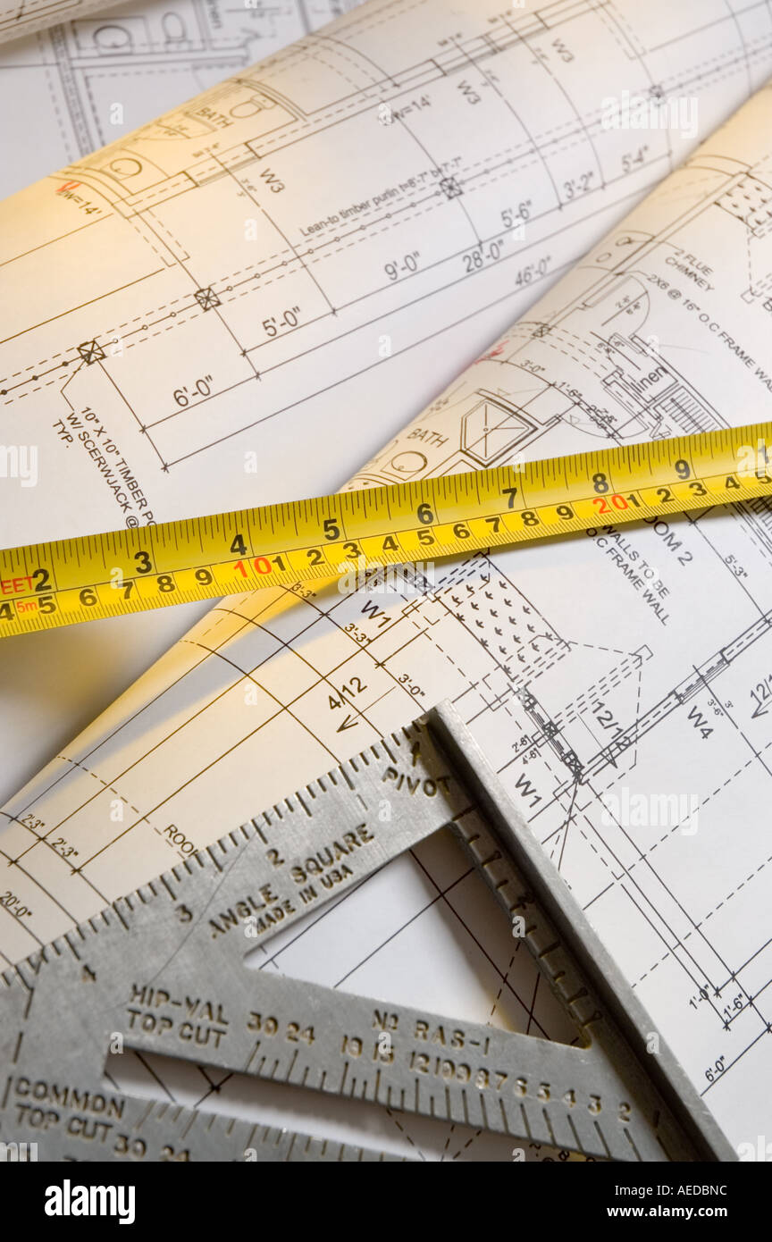 Architectural house plan drawings and tools Stock Photo - Alamy