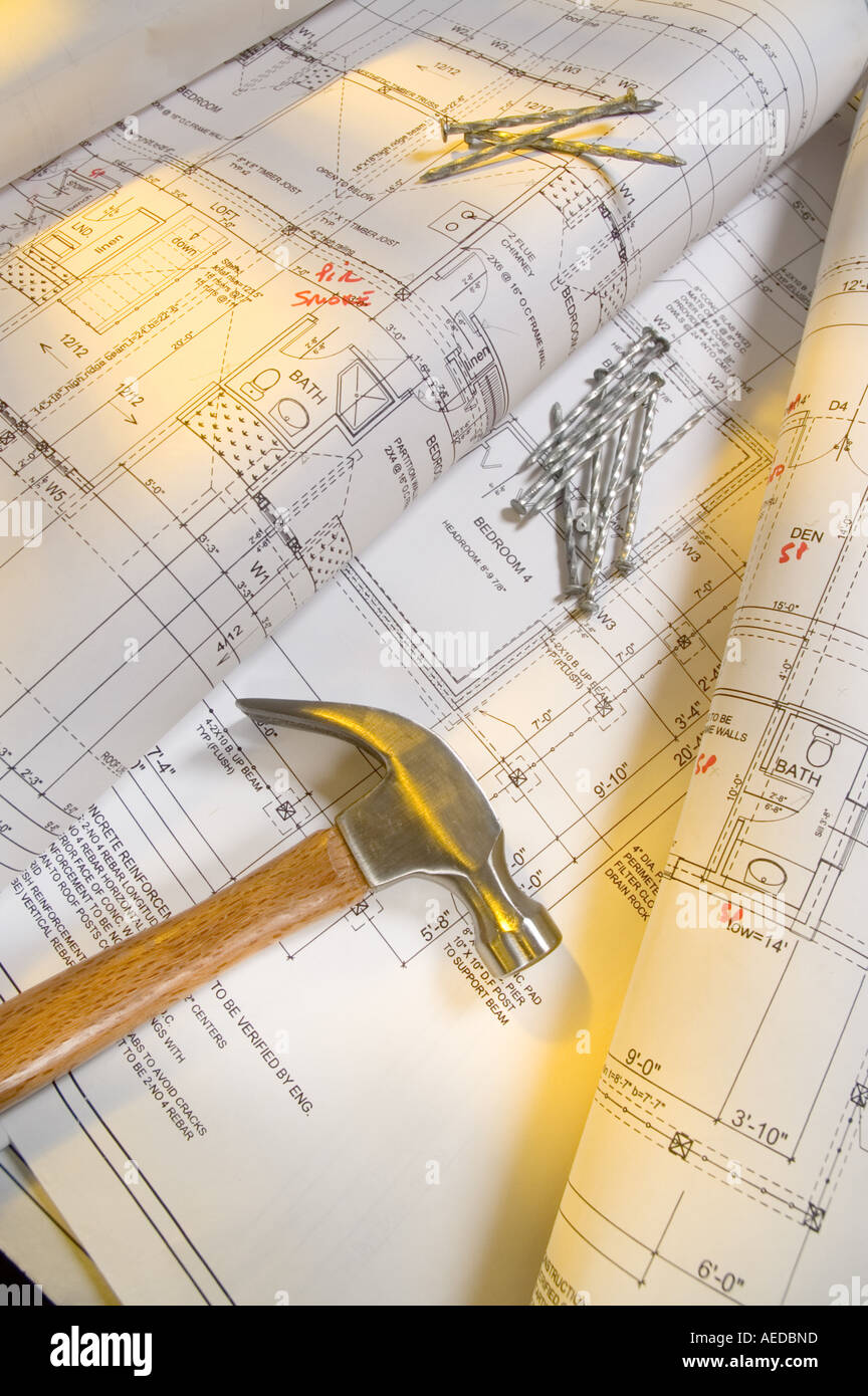 Architectural house plan drawings and tools Stock Photo - Alamy