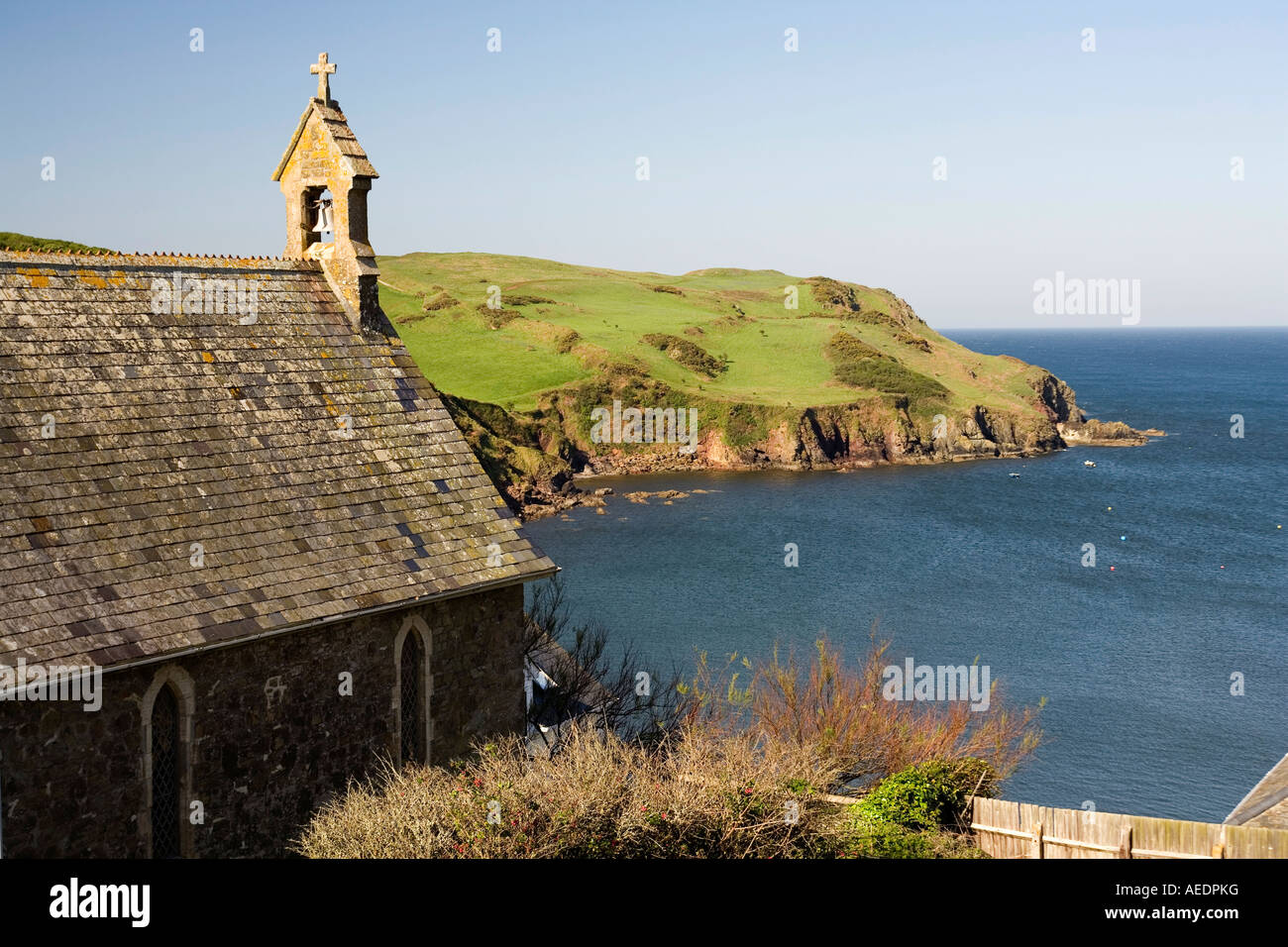 UK Devon Hope Cove St Clements Church and Bolt Tail headland Stock ...