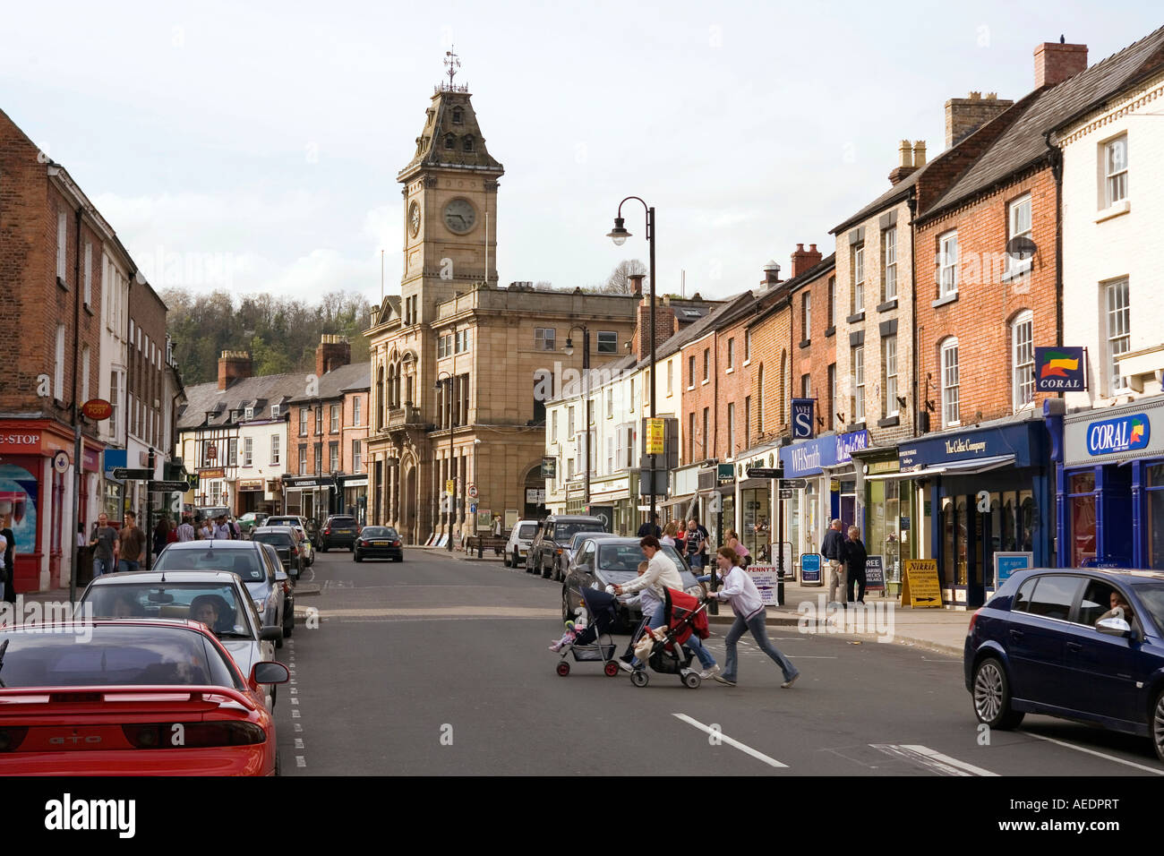 UK Wales Powys Welshpool mothers pushing prams across Broad Street near ...
