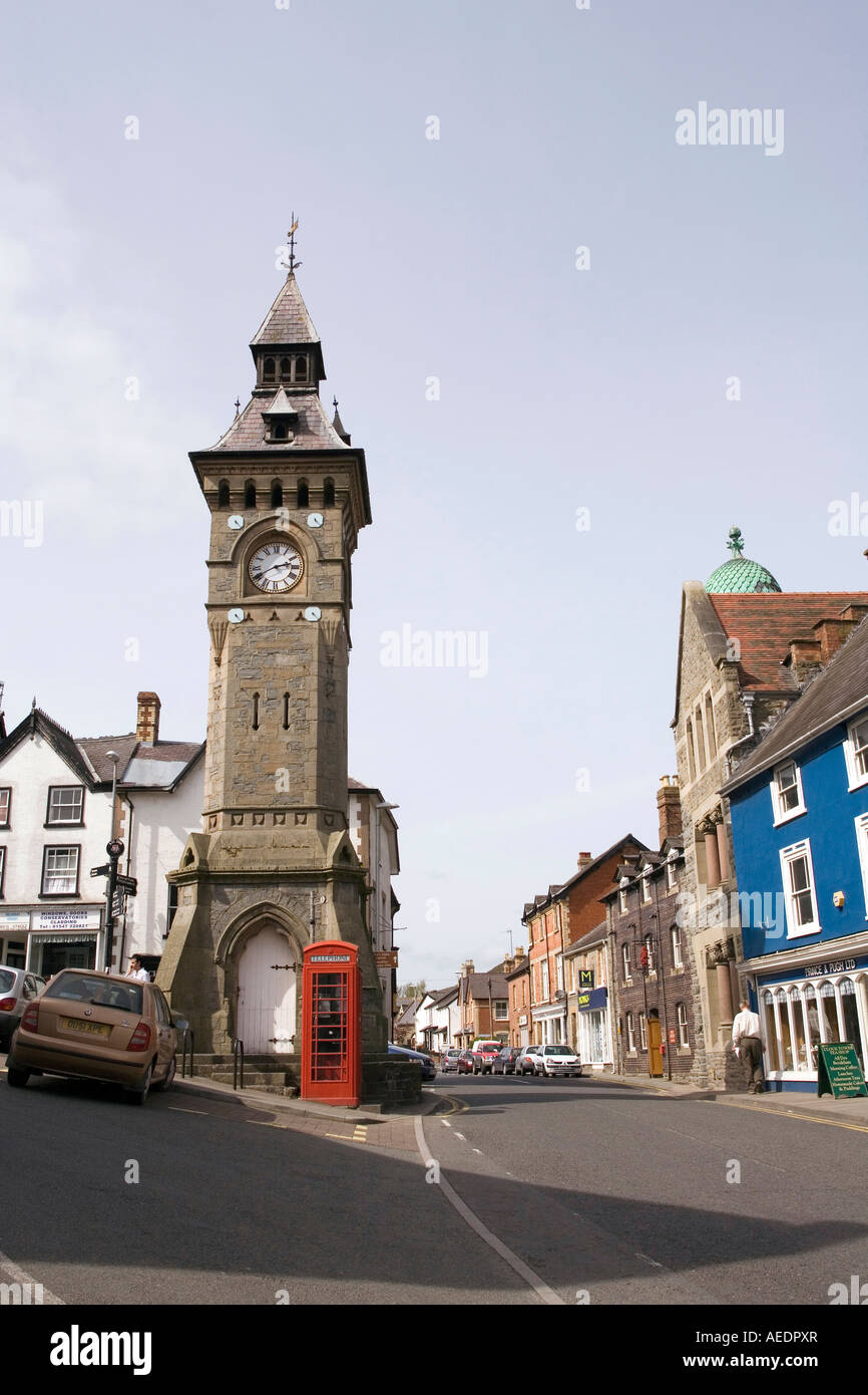 UK Wales Powys Knighton town centre Broad Street clock tower Stock ...