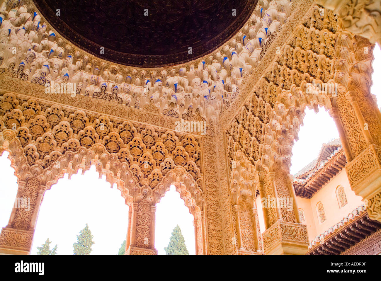 Low angle view of ornate filigreed ceiling detail at the Alhambra ...