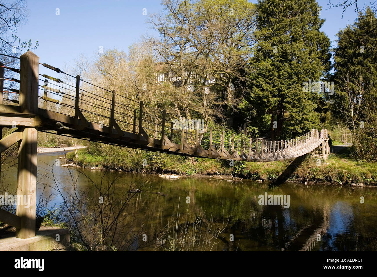 UK Wales Powys Builth Wells wooden suspension footbridge over Irfon ...