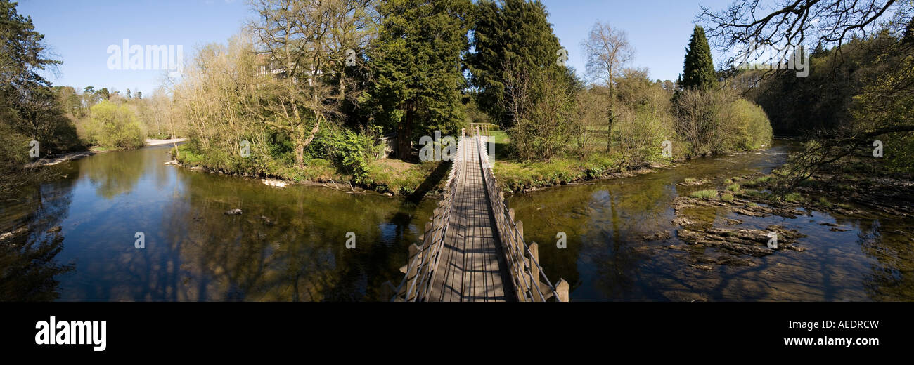 UK Wales Powys Builth Wells wooden suspension footbridge over Irfon ...