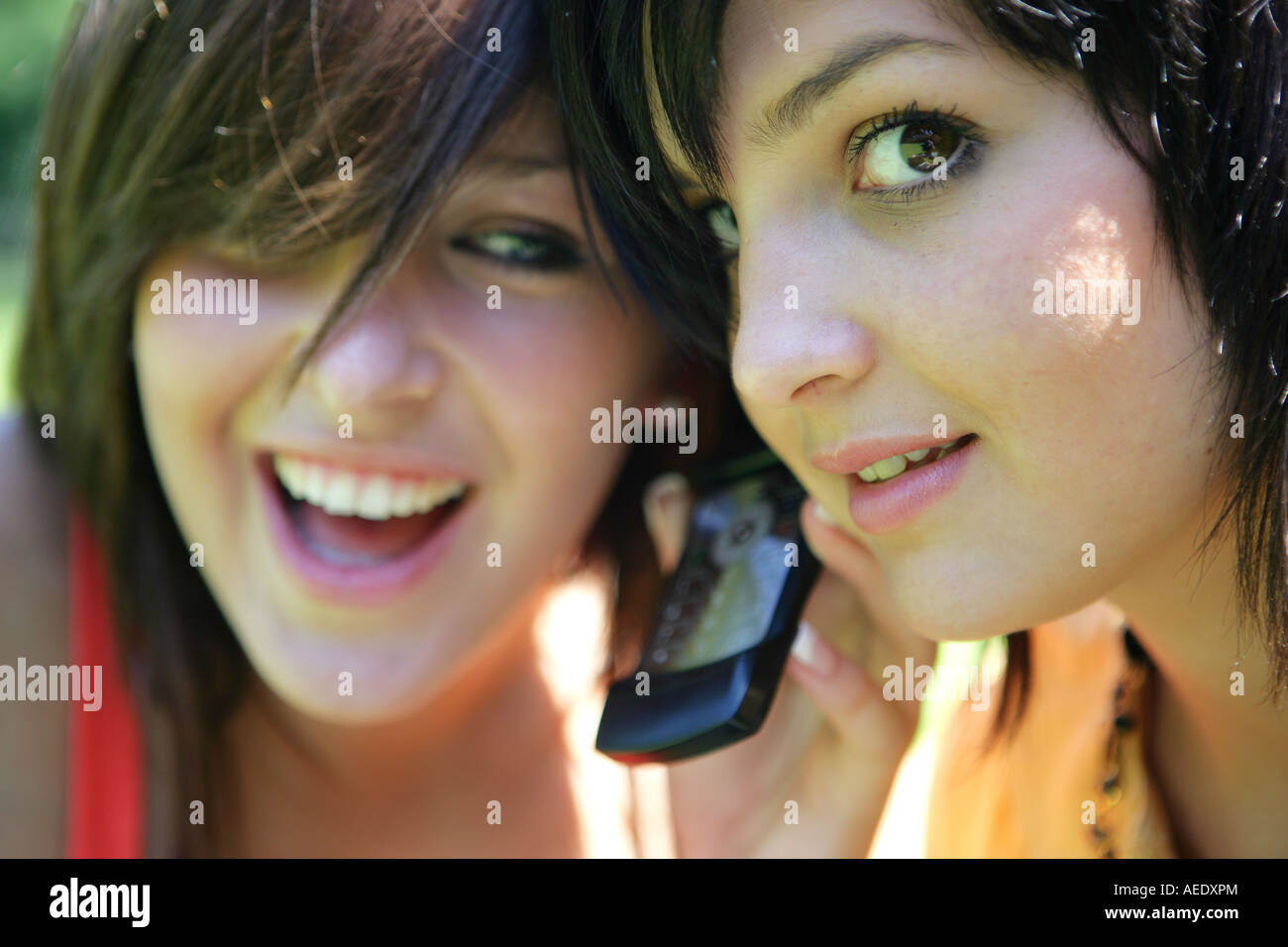 Two Women Using Mobile Phone Model Released Stock Photo - Alamy