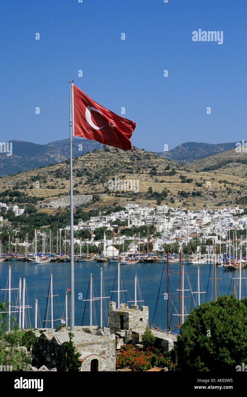 Turkey Bodrum view of harbour from the castle turkish flag Stock Photo ...
