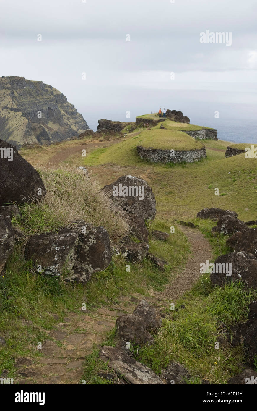 Ruins of Orongo village on the lip of the Rano Kau crater on Easter ...