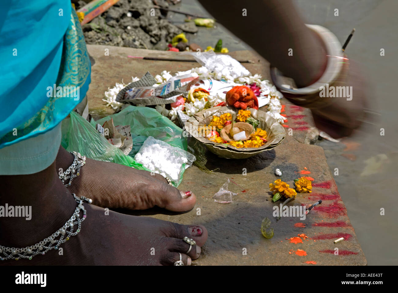 Puja ritual detail. Shivala Ghat. Ganges river. Varanasi. India Stock ...