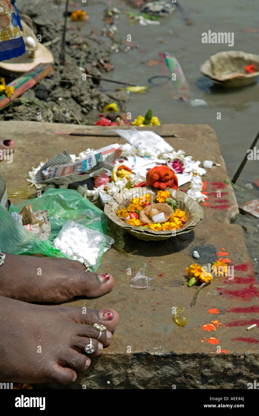 Puja ritual detail. Shivala Ghat. Ganges river. Varanasi. India Stock ...