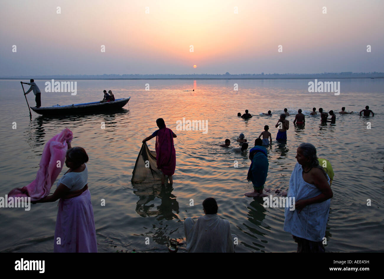 Ritual morning bath. Shivala Ghat. Ganges river. Varanasi. India Stock ...