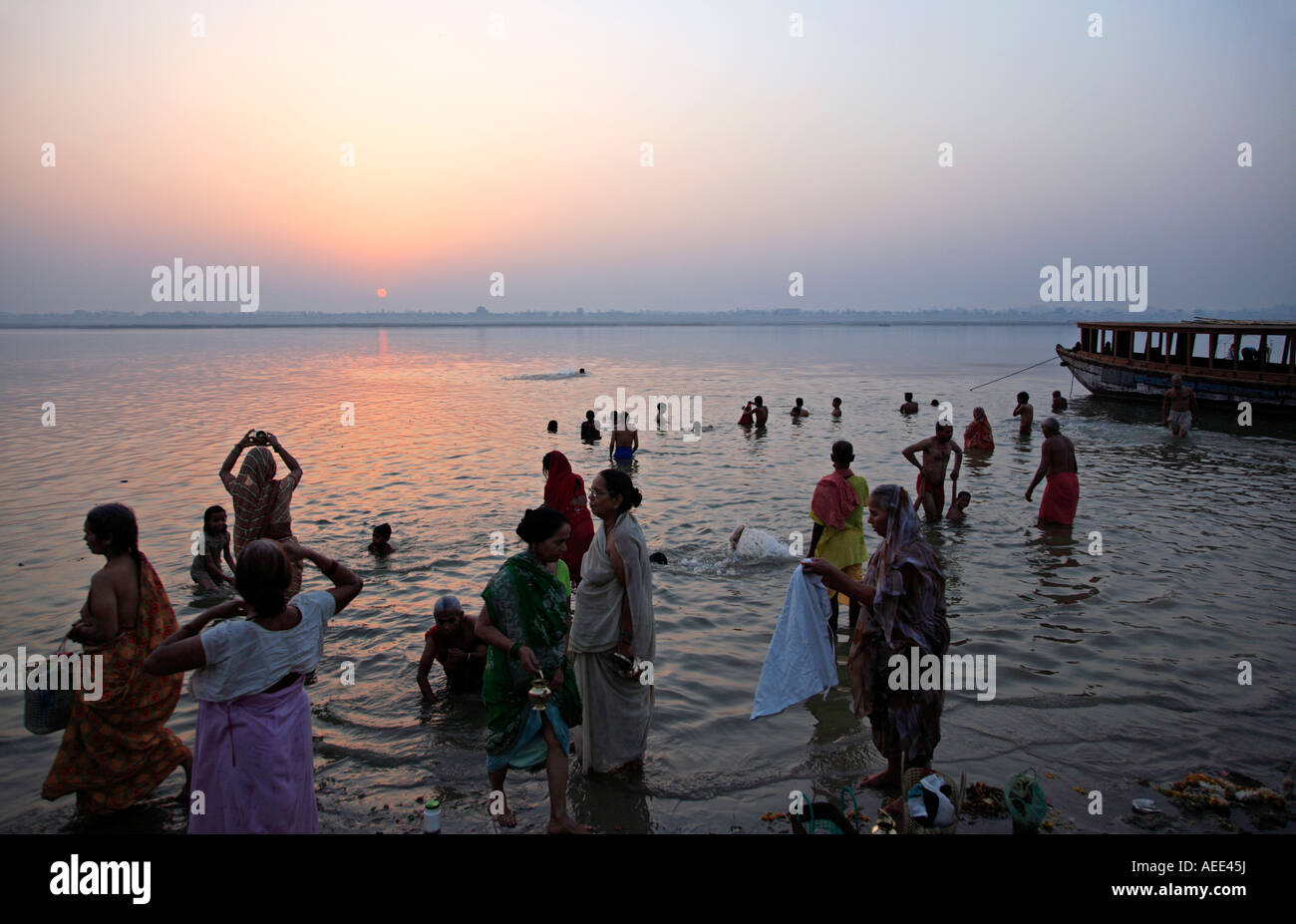 Ritual morning bath. Shivala Ghat. Ganges river. Varanasi. India Stock ...