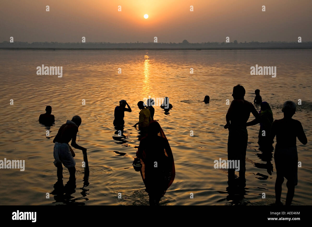 Ritual moring bath. Tulsi Ghat. Ganges river. Varanasi. India Stock ...