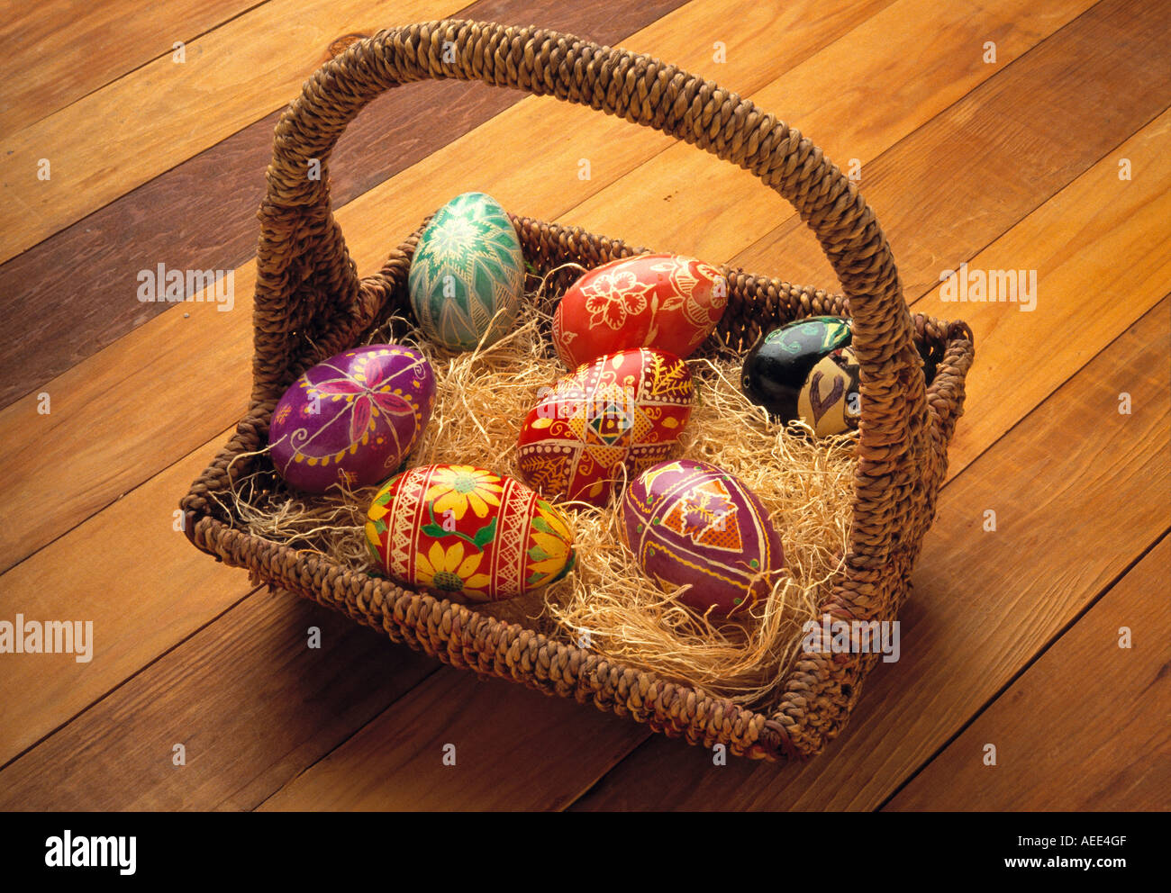 Ukrainian Easter eggs in a rustic straw filled Easter basket Stock ...
