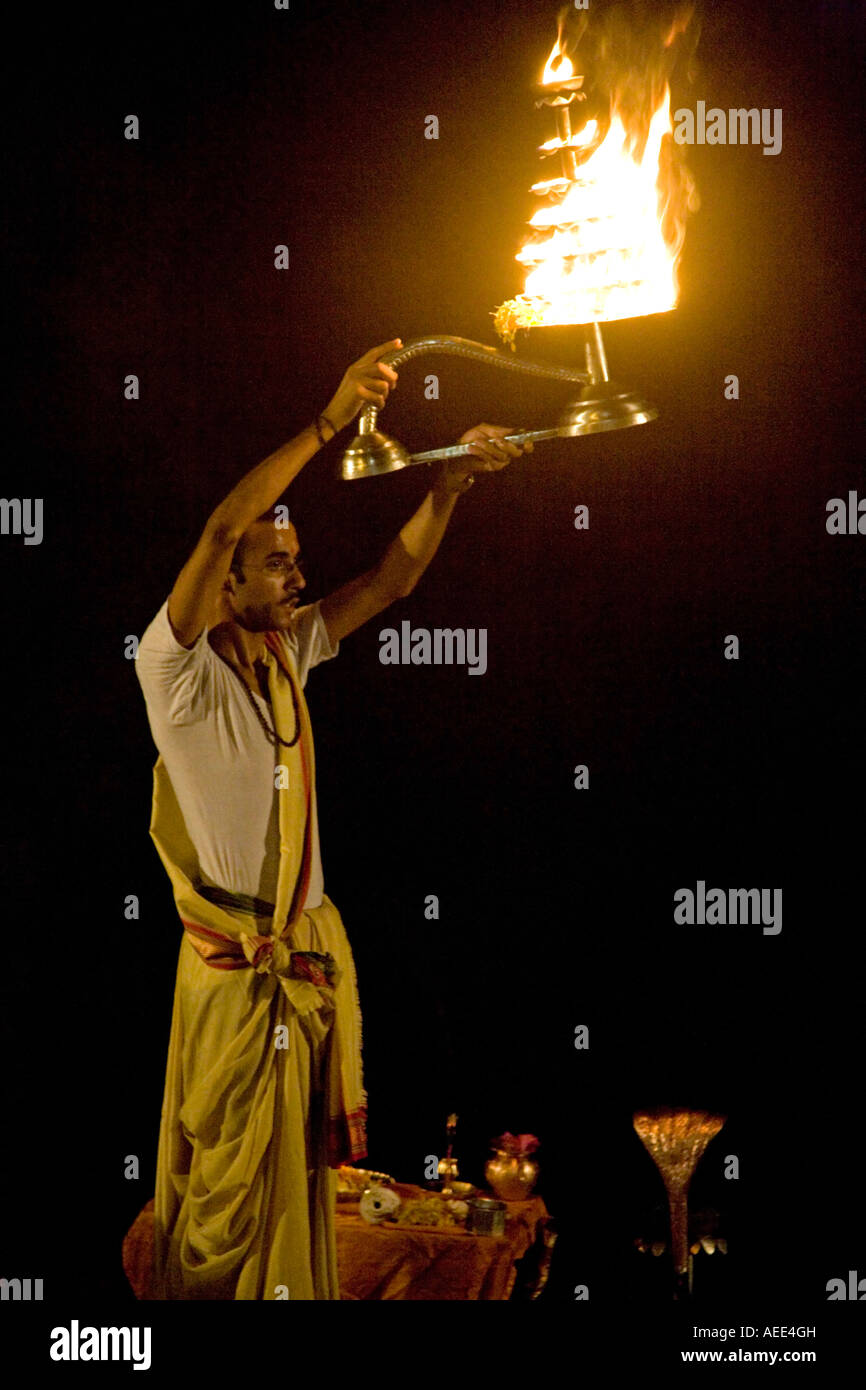 Ganga Aarti night ceremony. Assi Ghat. Ganges river. Varanasi. India ...