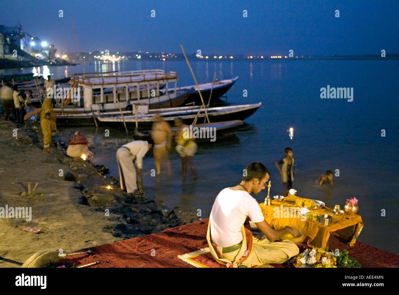 Preparing the Ganga Aarti night ceremony. Assi Ghat. Ganges river ...