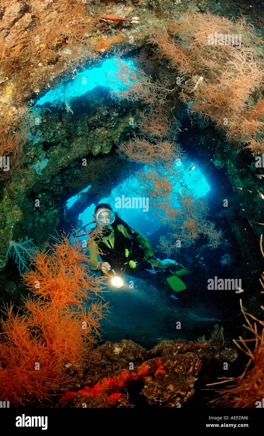Scuba diver examines ship wreck Liberty Bali Tulamben Indian Ocean ...