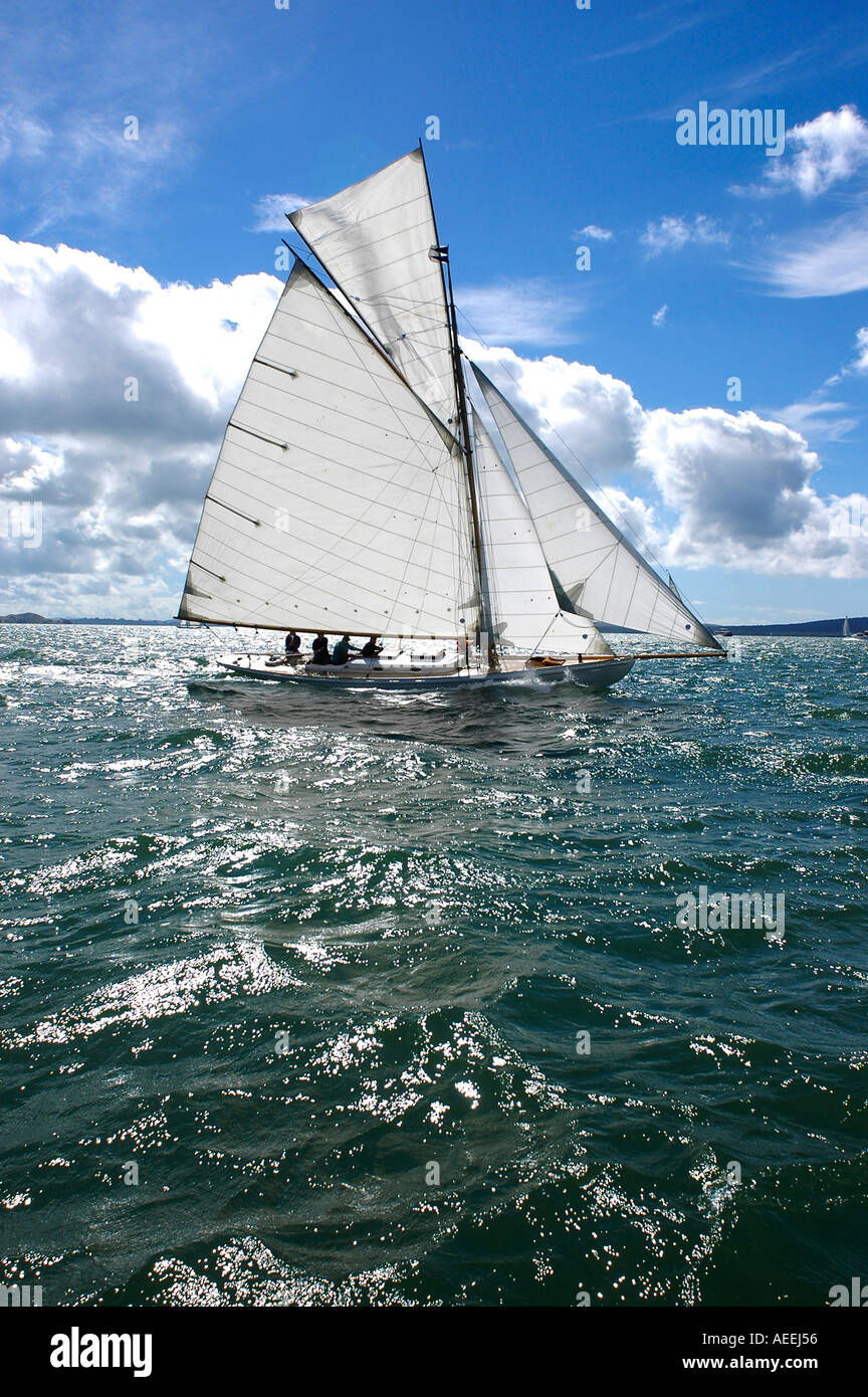 Classic gaff rigged sailing sloop on a sparkling green sea under a blue ...
