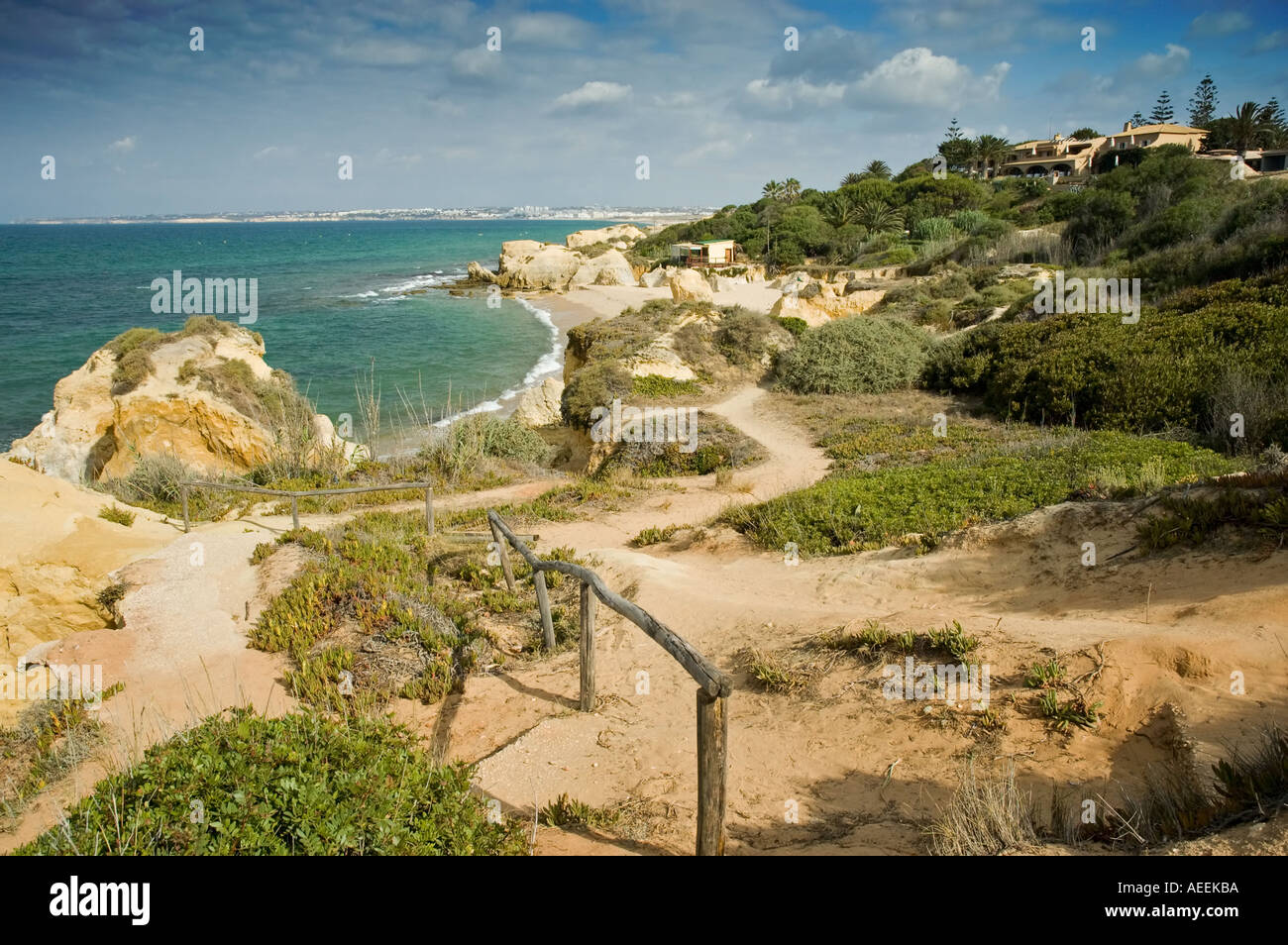 View across the cliff top walk at Gale beach near Albufeira Algarve ...