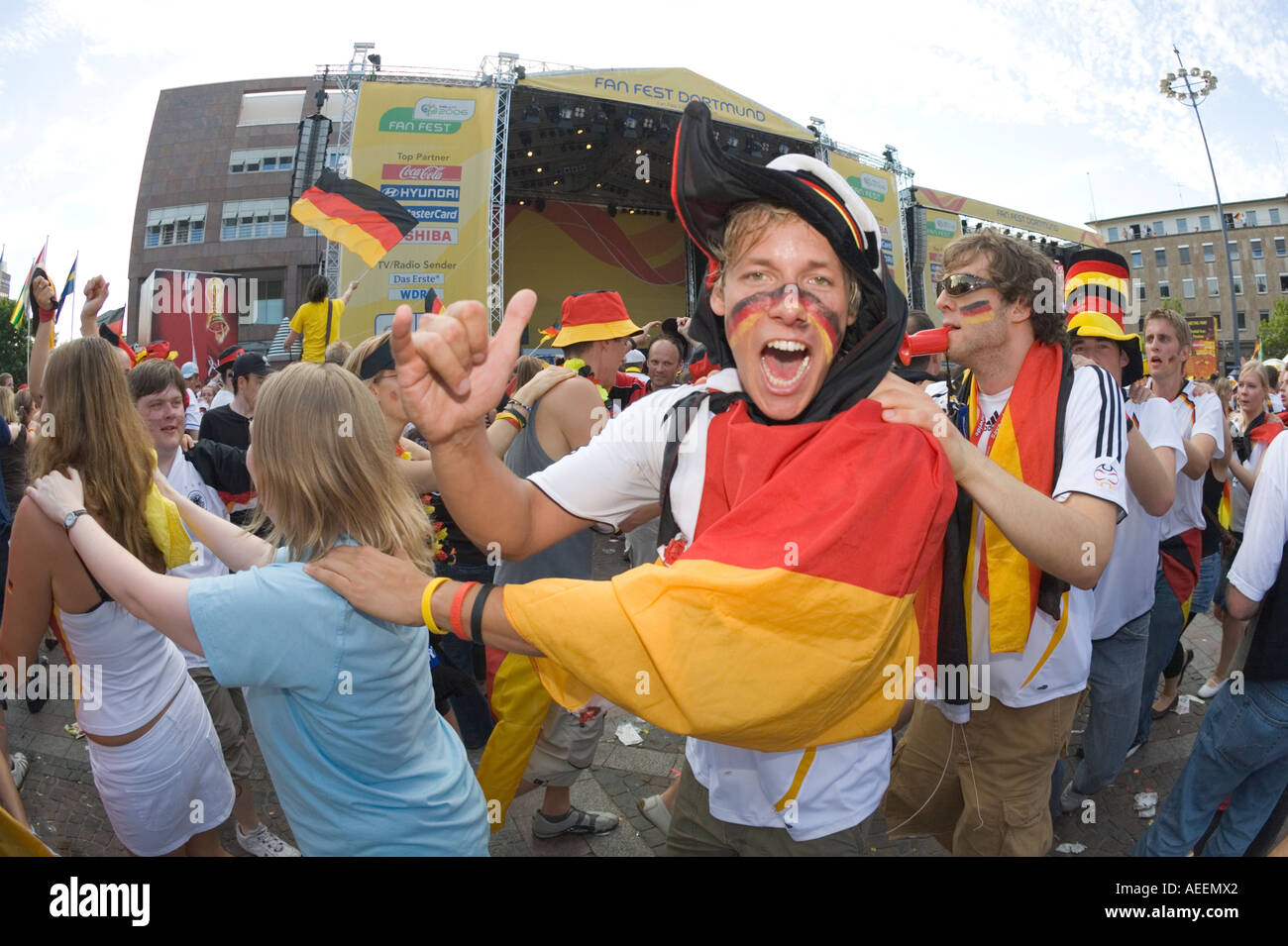 German football fans dancing polonaise at a public viewing event in ...
