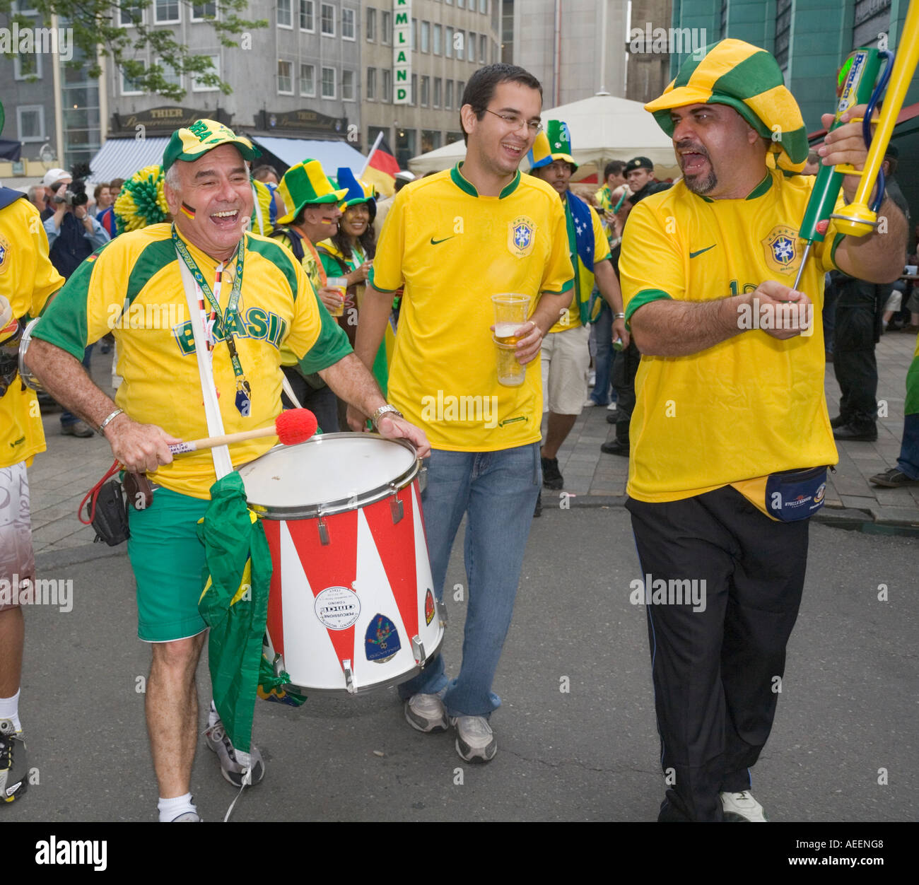 Brazilian football fans walking through the Dortmund city in good mood ...