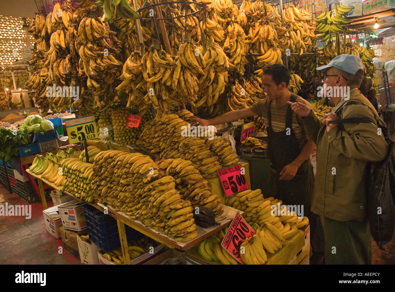 Bananas of all shapes and sizes are sold in the La Merced market Stock ...