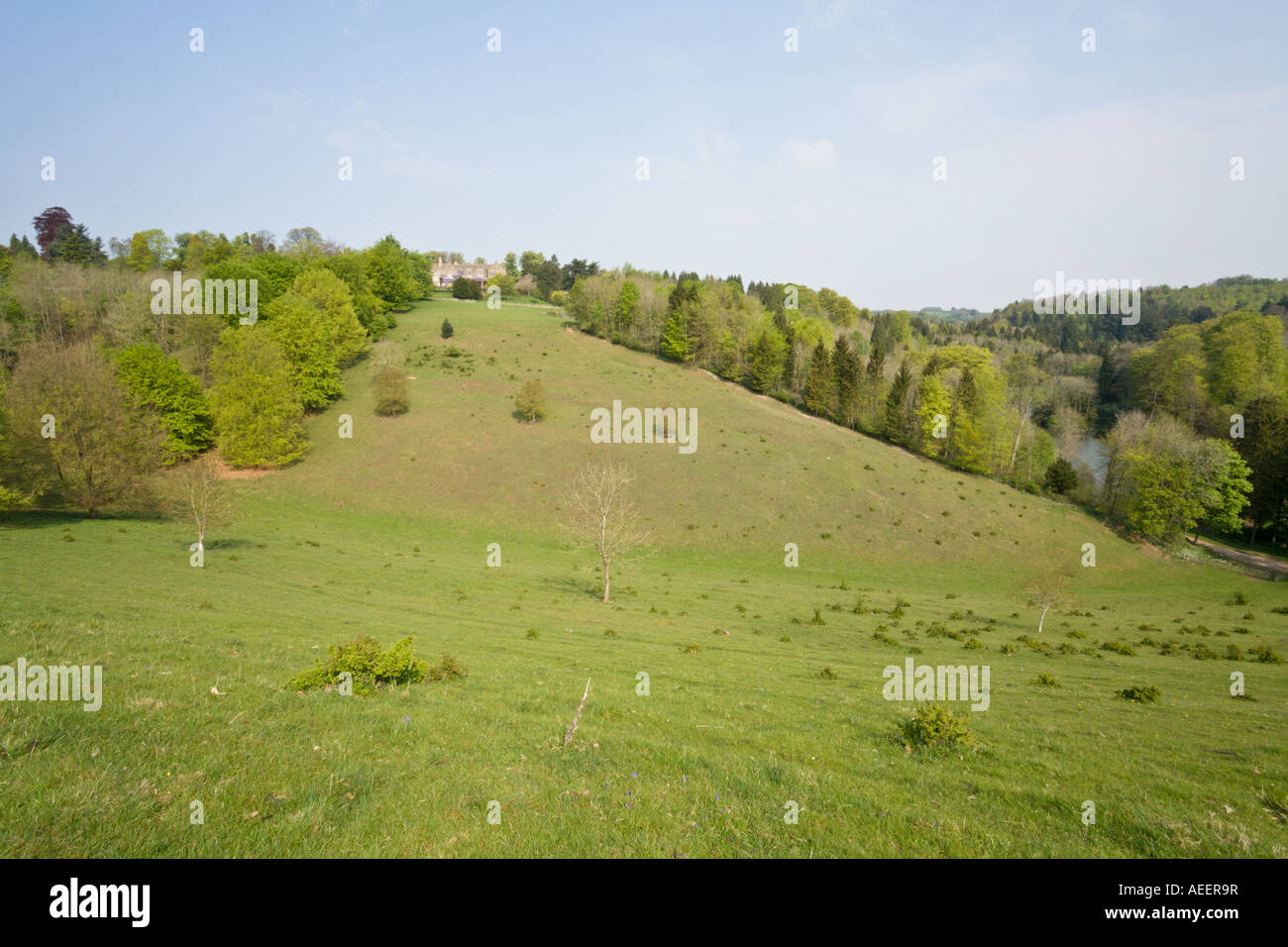 looking north over Miserden Park and the Frome valley the Cotswolds ...