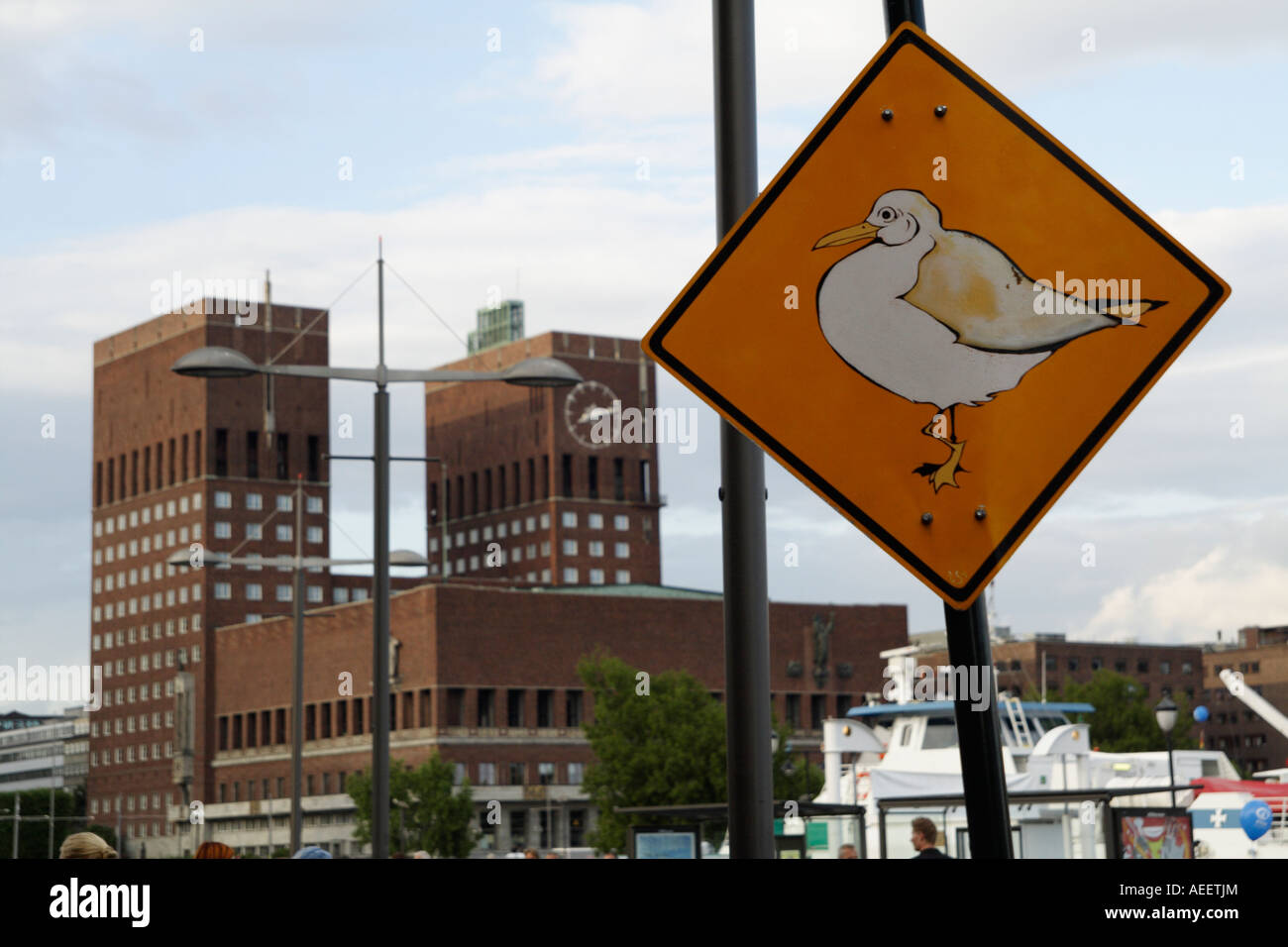 Seagull sign. In the background City hall. Oslo, Norway Stock Photo - Alamy