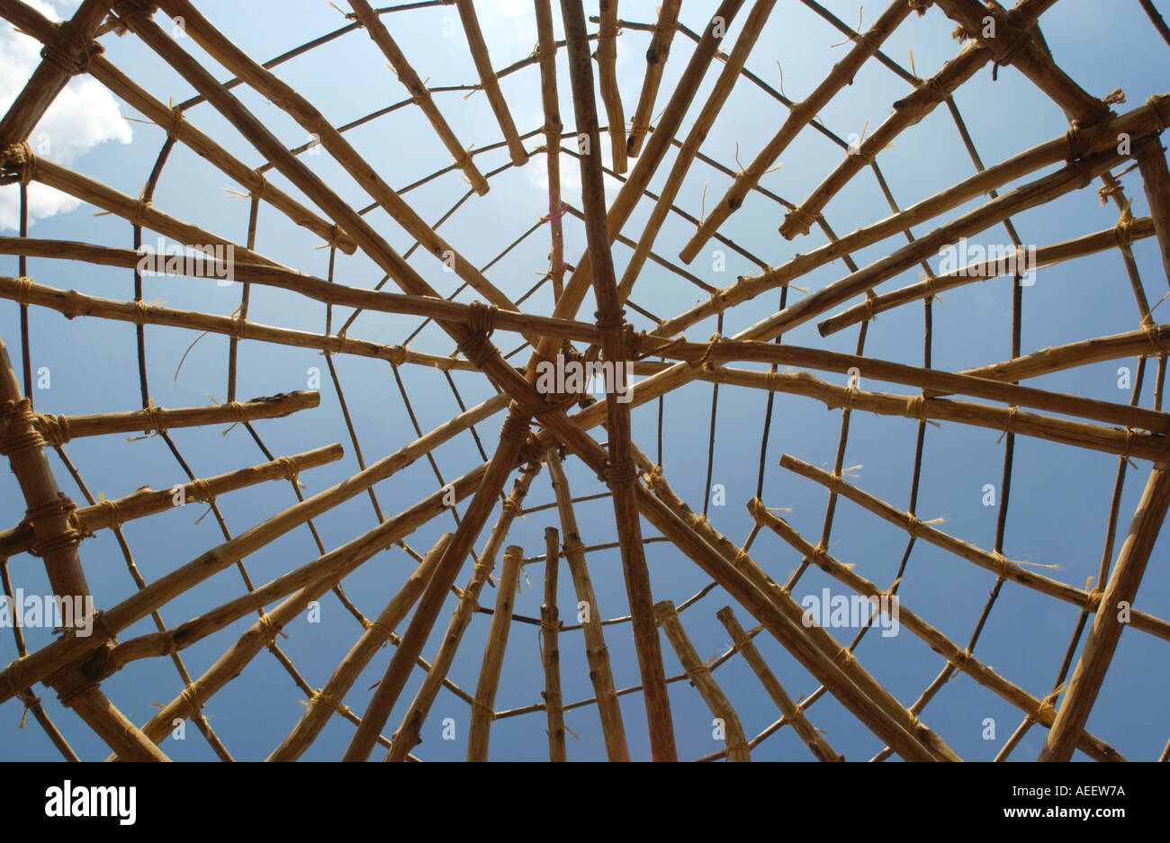 Roof structure of Iron Age roundhouse being built using traditional ...