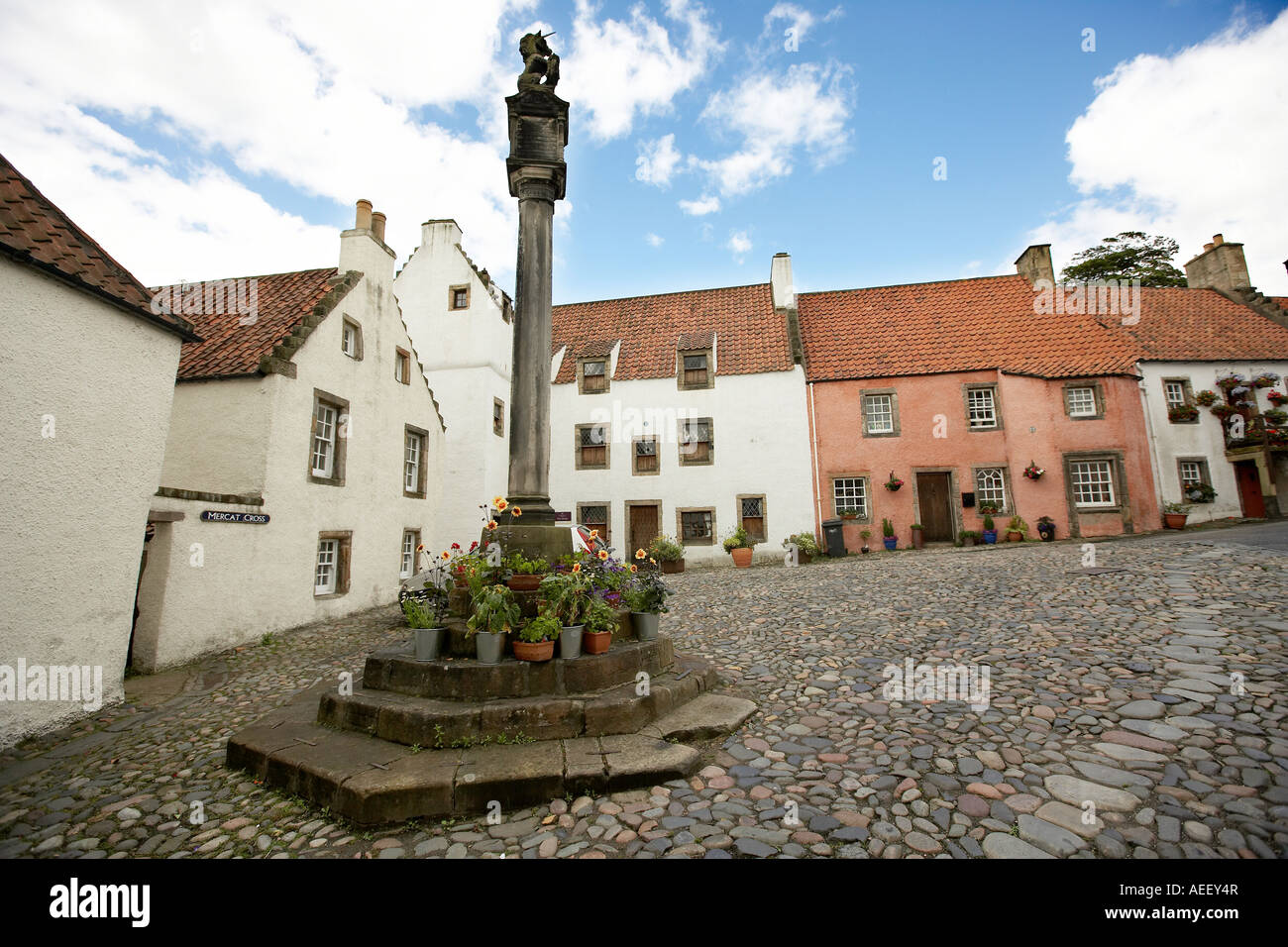 The Mercat Cross standing in the historic village of Culross Fife ...