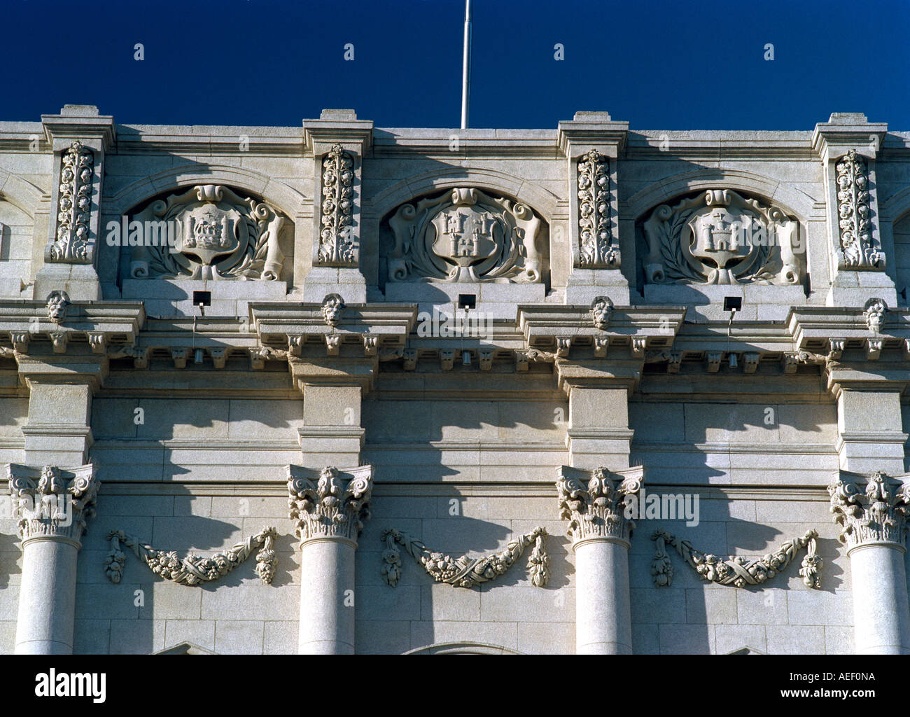 Detail of the neo-classical frontage of Heuston railway station in ...