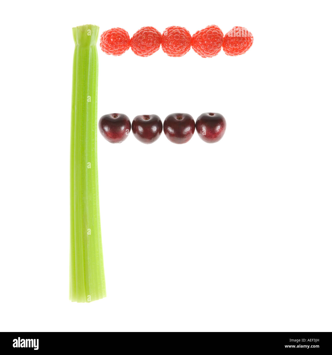 The letter F on a pure white background using a stick of celery, black ...