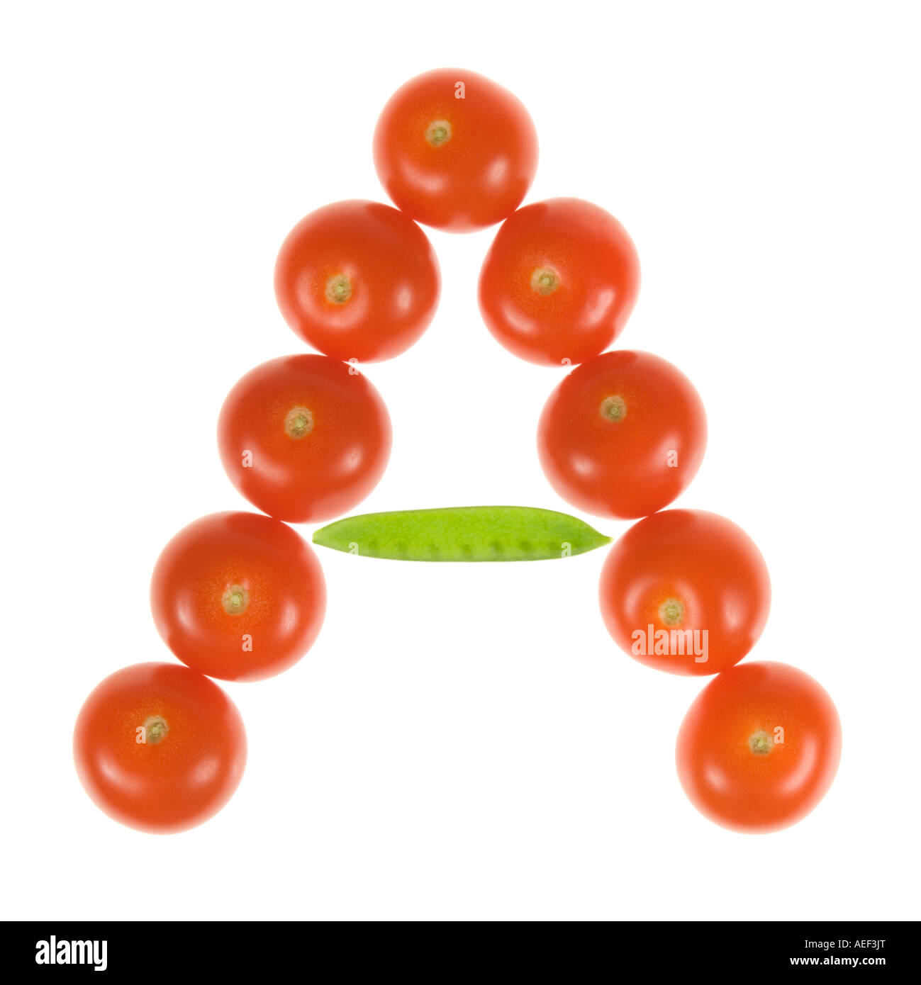 The letter A on a pure white background using tomatoes and a mange tout ...