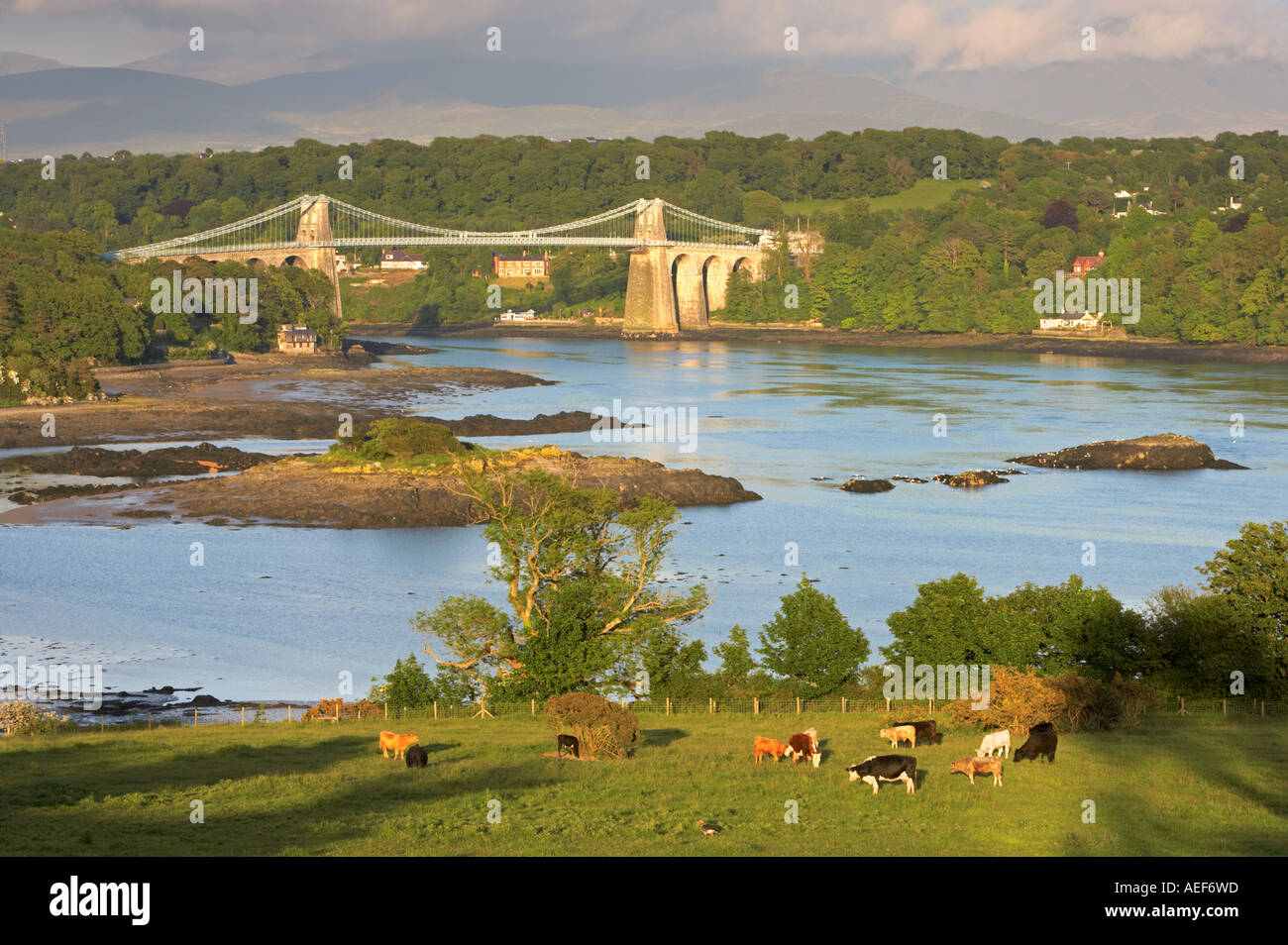 Menai Suspension Bridge and Snowdon Mountain Range from Anglesey North ...