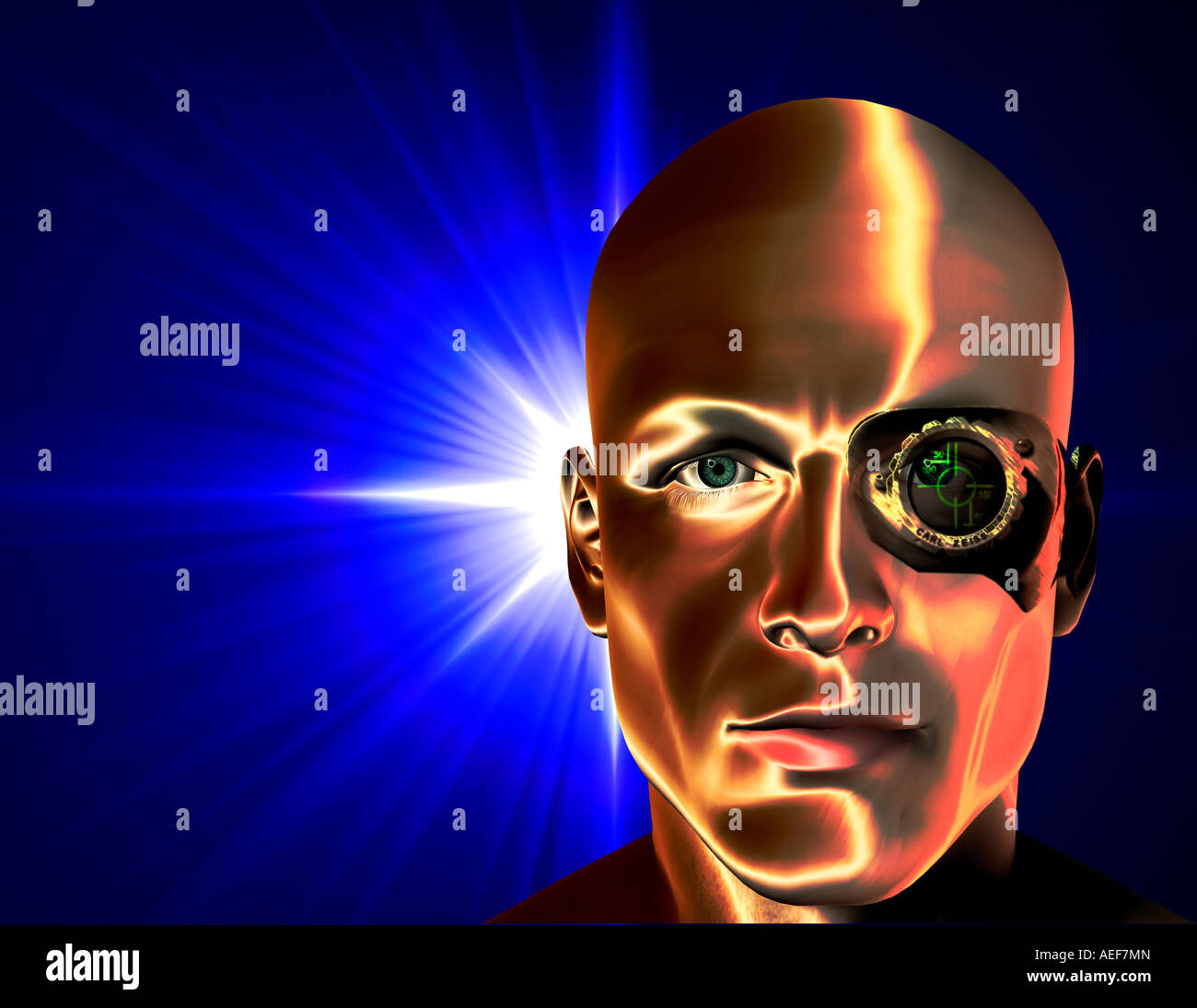 conceptual futuristic 3D computer generated male robot head equipped ...