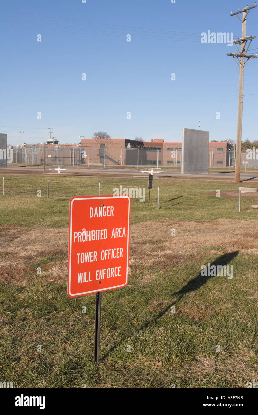 Signs on lawn inside prison. Nebraska State Penitentiary in Lincoln ...