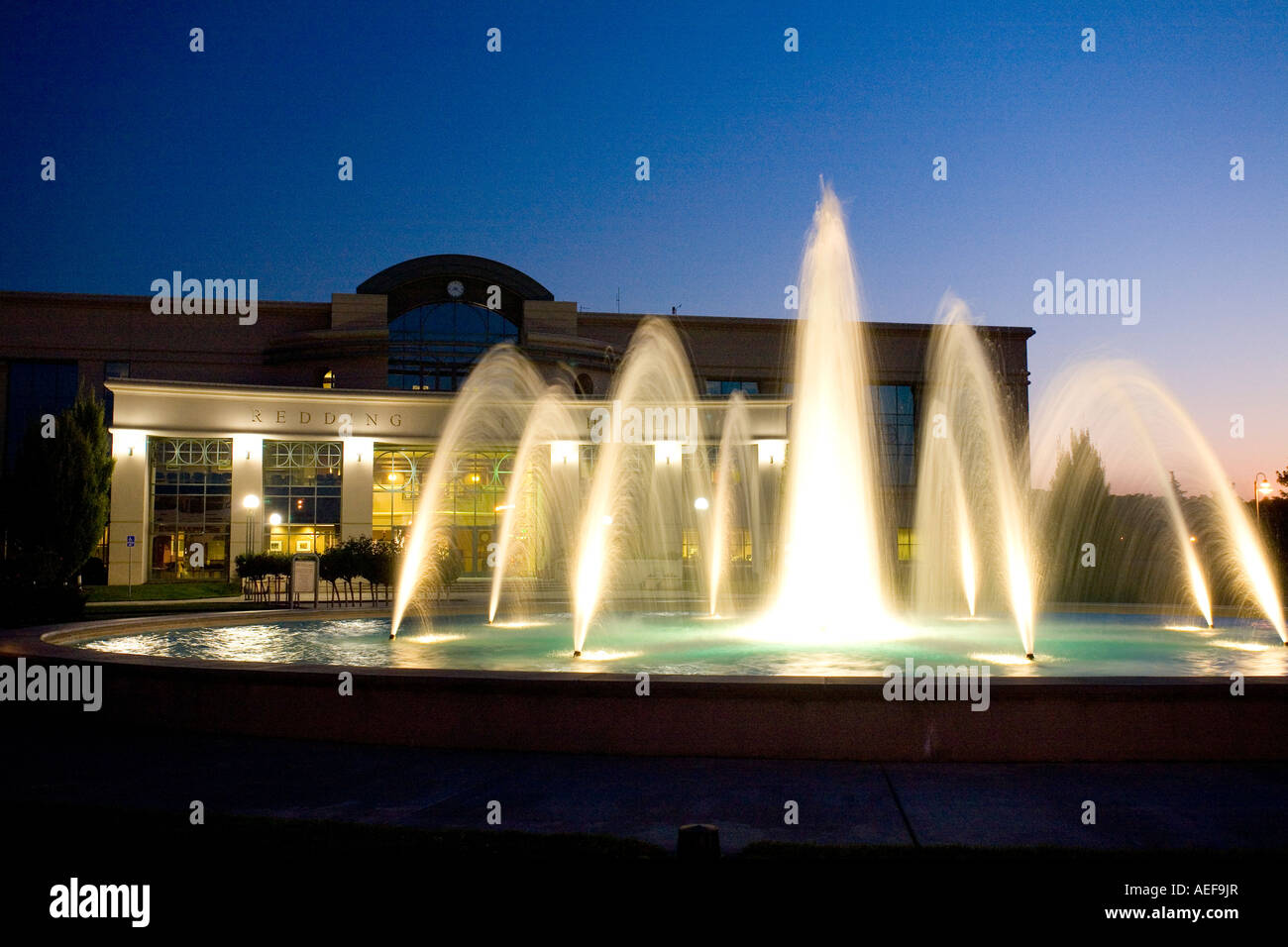 Fountains at Redding City Hall at night, Redding, California Stock ...
