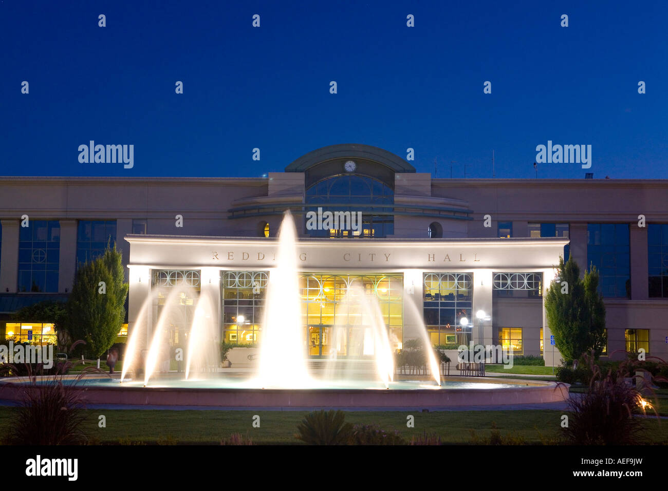 Fountains at Redding City Hall at night, Redding, California Stock ...