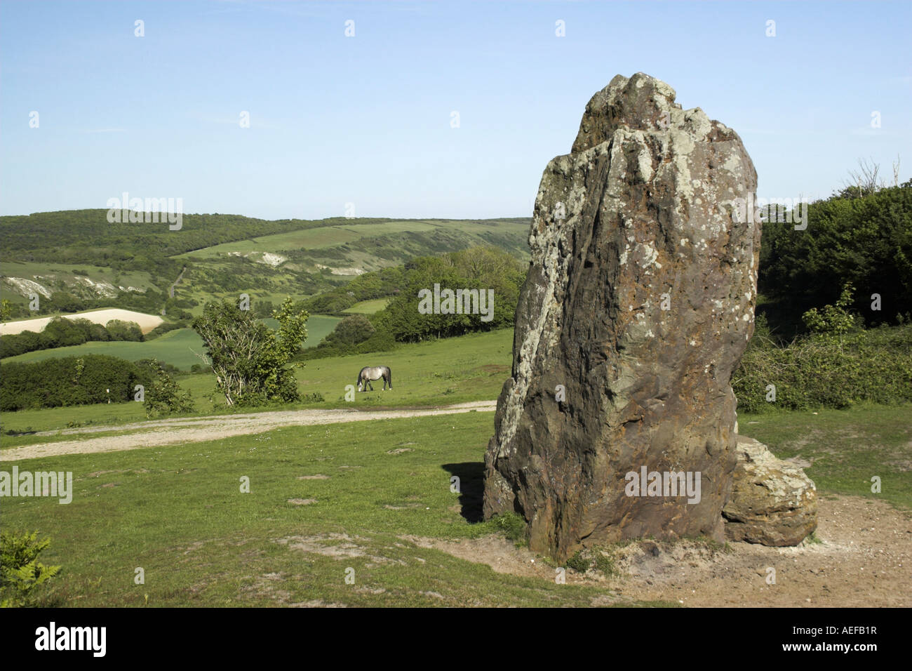 The Longstone north of Mottistone village with Limerstone Down in the ...