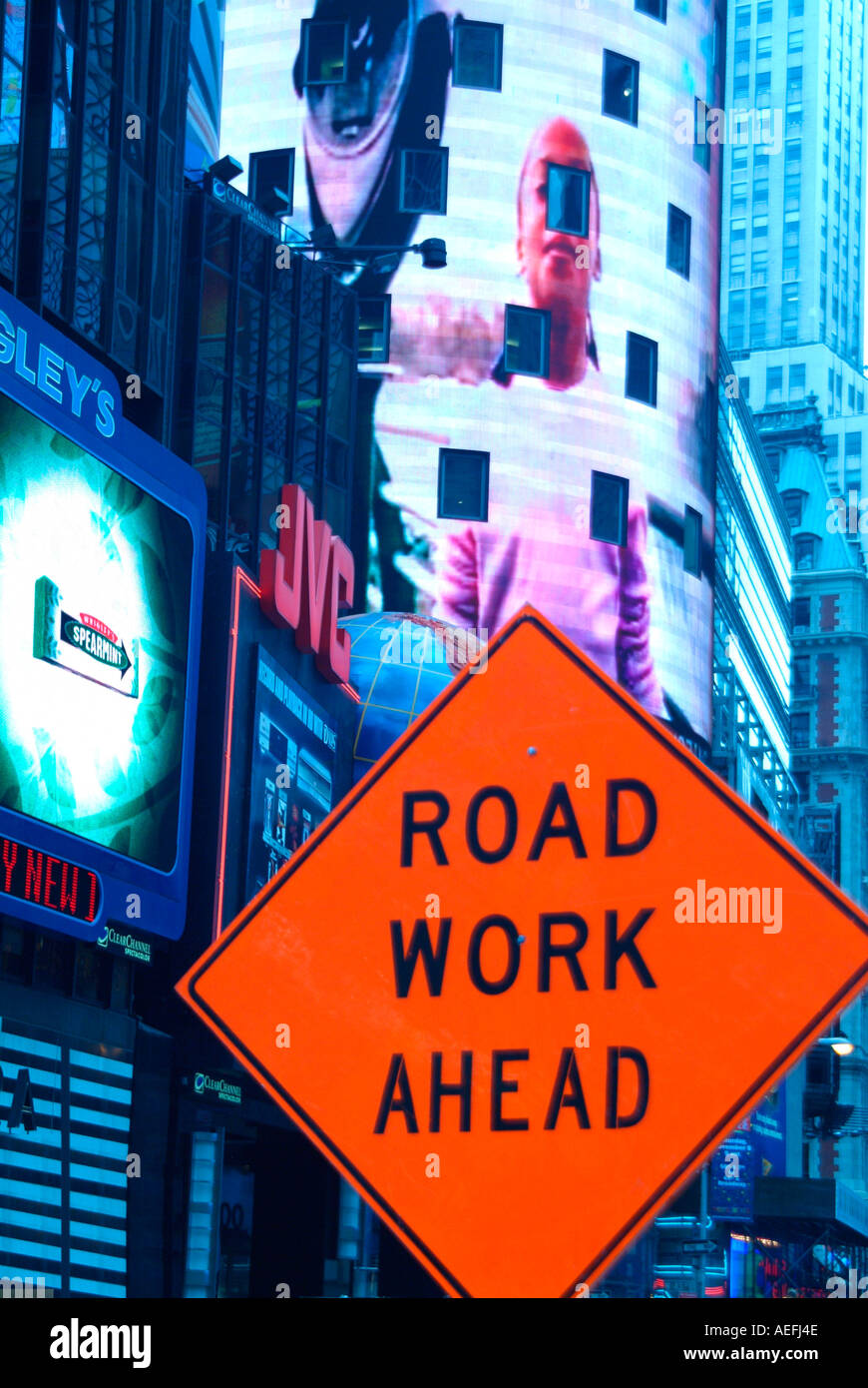 New York City Times Square with Road Work Ahead sign Stock Photo - Alamy