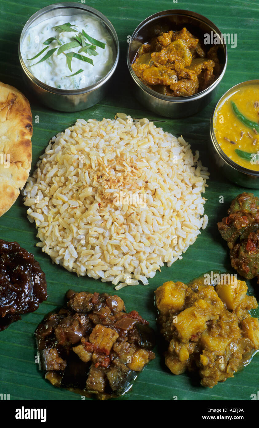 Thali vegetarian meal on banana leaf India Stock Photo - Alamy