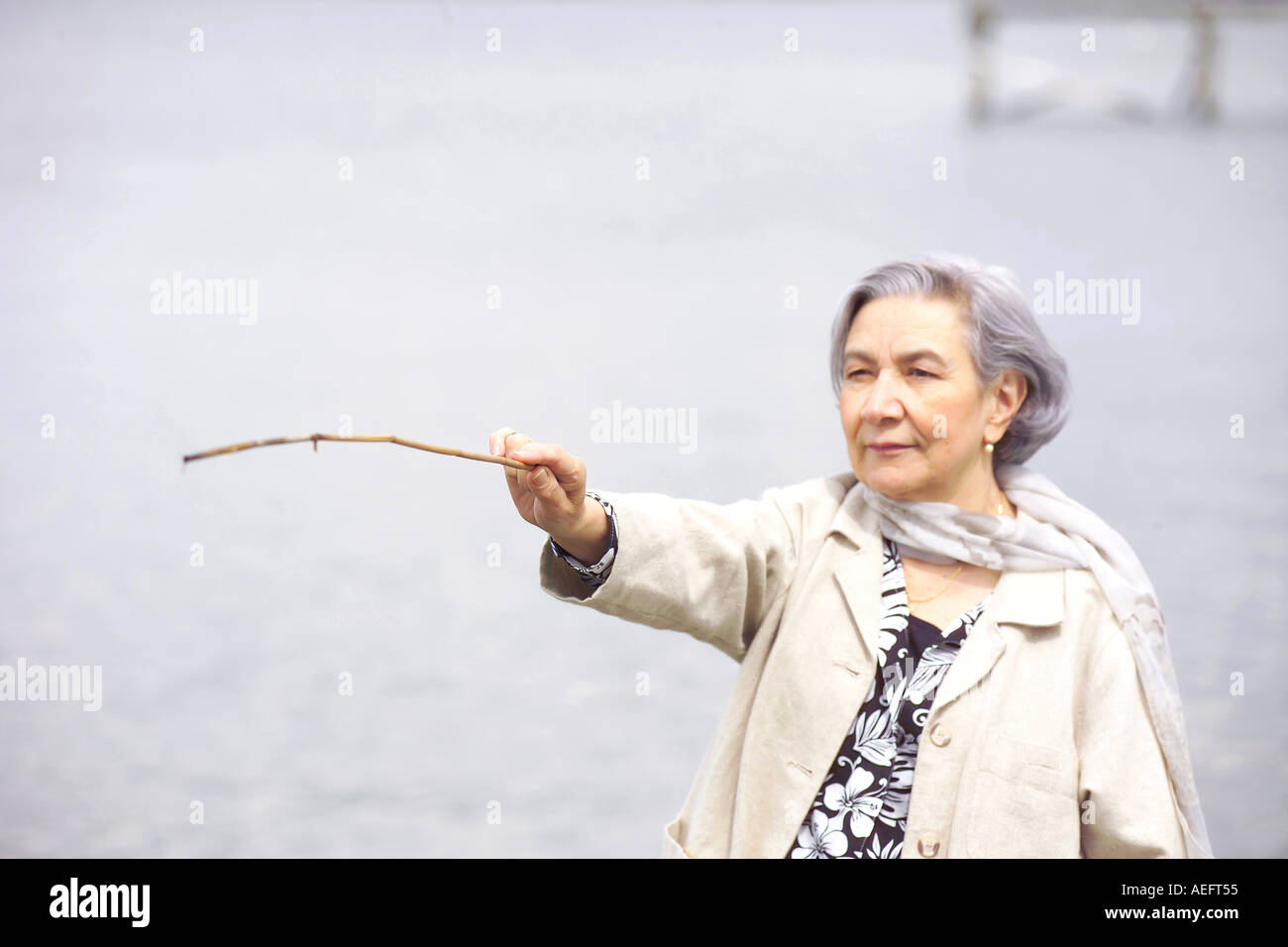 Senior woman pointing with stick Stock Photo - Alamy