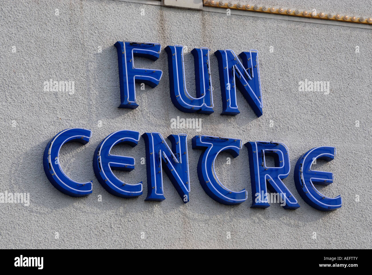 Sign for the Fun Centre on the promenade in the coastal resort town of ...
